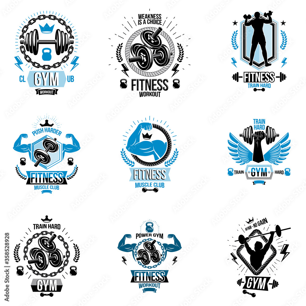 Set of vector bodybuilding theme emblems and advertising posters ...