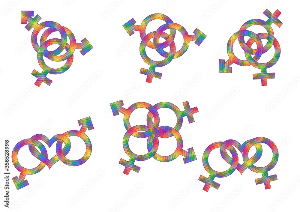set of single and combined lgbt symbols with rainbow textile texture ...