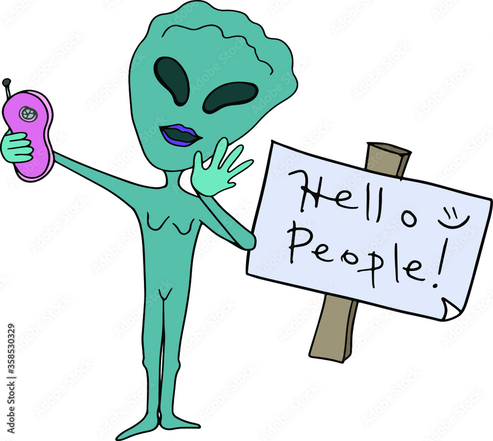 Funny turquiose feminine humanoid making selfie. Hand drawn vector ...