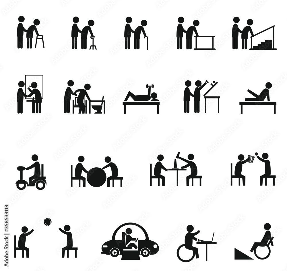 medical rehabilitation activities in disability people icon set Stock ...