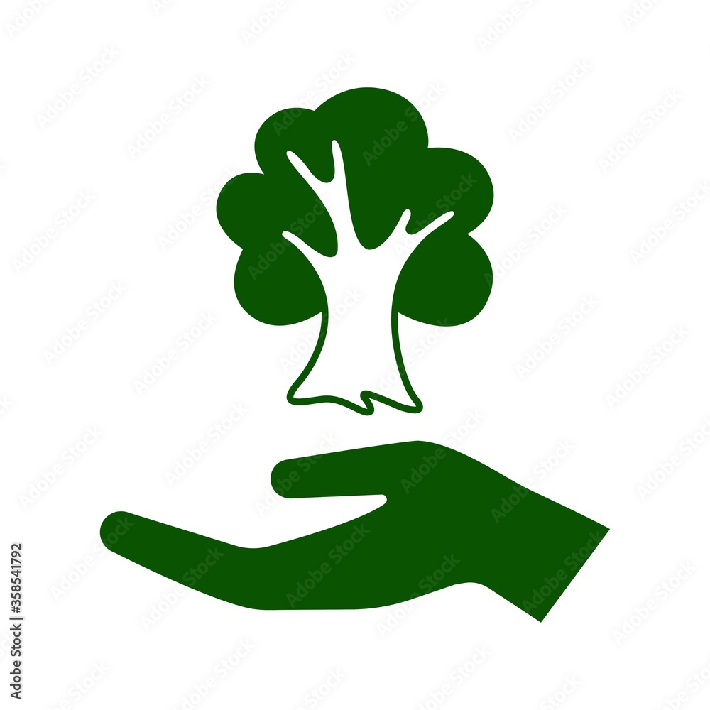 Icon of hand carefully holding green tree. Symbol of ecology ...