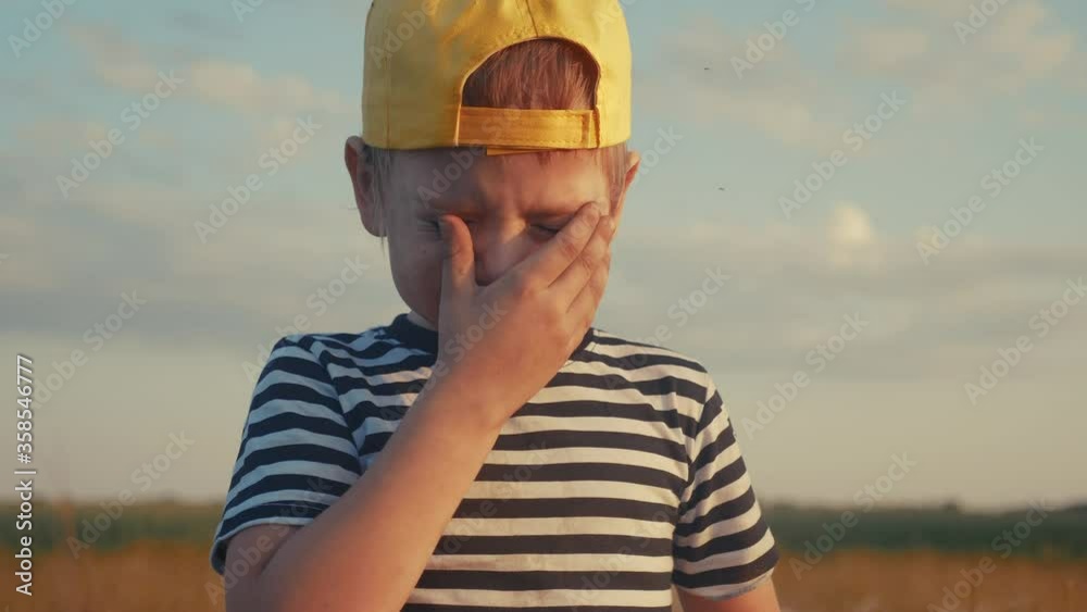 boy kid crying flowing tears a screaming dirty face. child son scream ...
