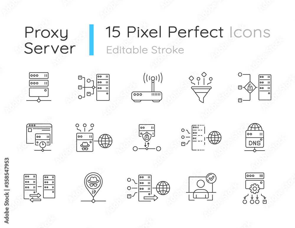 Proxy server linear icons set. Internet data access, virtual connection ...