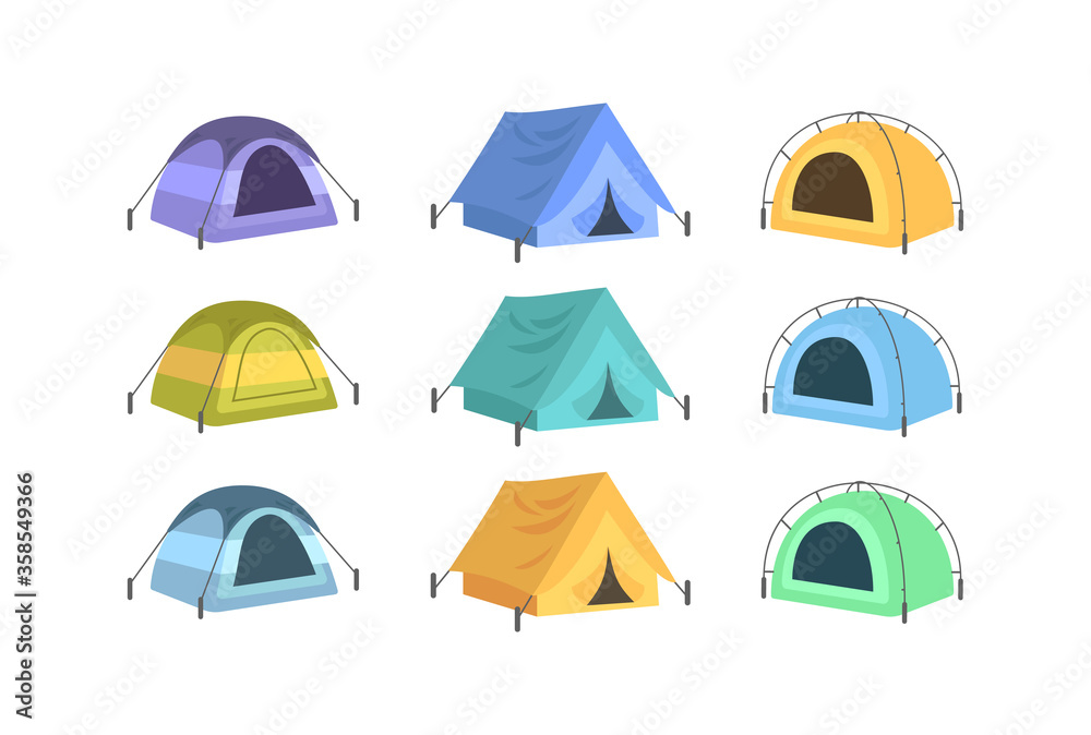 Colorful tents semi flat vector illustration set. Summer recreation ...