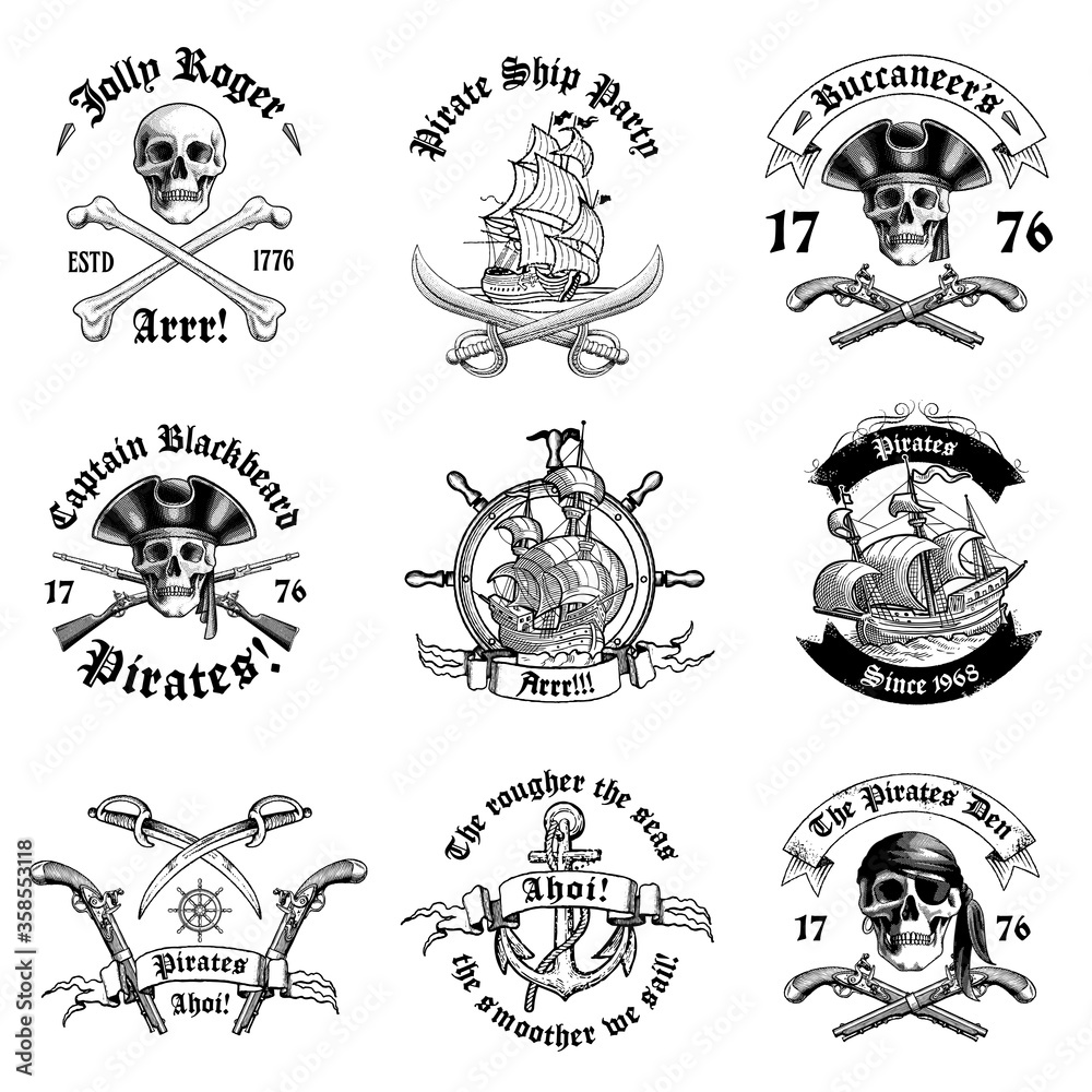 Monochrome pictures of pirate labels. Illustration of military ships ...