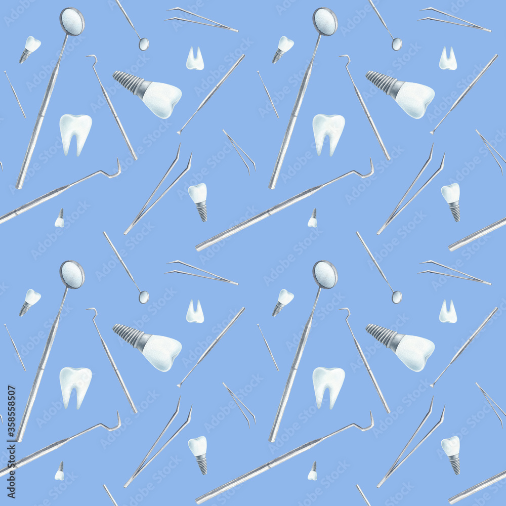 Endless watercolor hand drawn texture with dental tools, teeth and ...