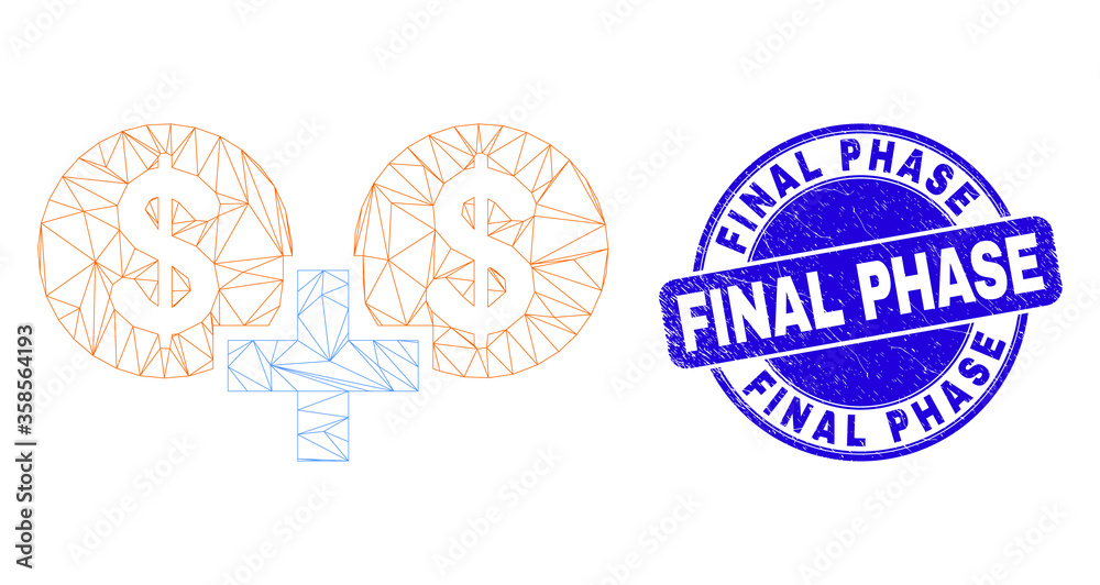 Web mesh financial sum icon and Final Phase seal stamp. Blue vector ...