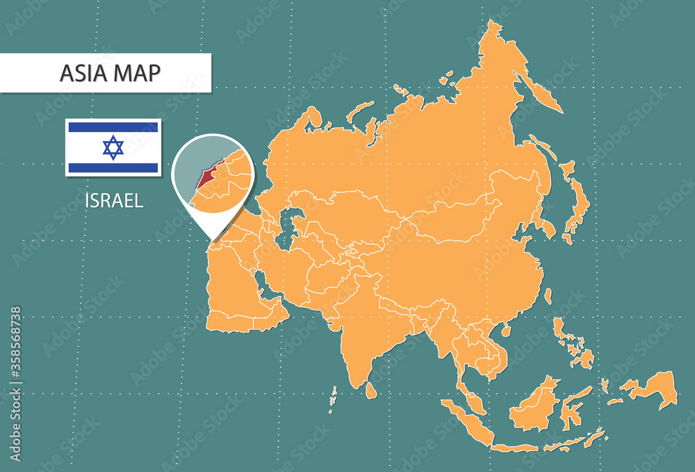 Israel map in Asia zoom version, icons showing Israel location and ...
