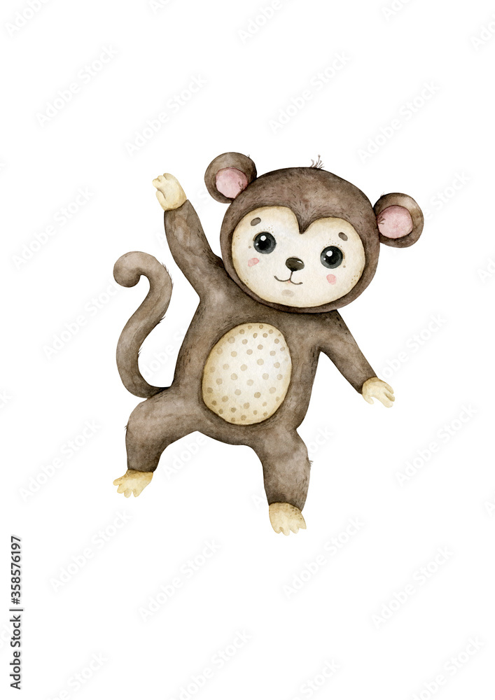 Cute Monkey. Hand drawn watercolor cartoon baby illustration on white ...