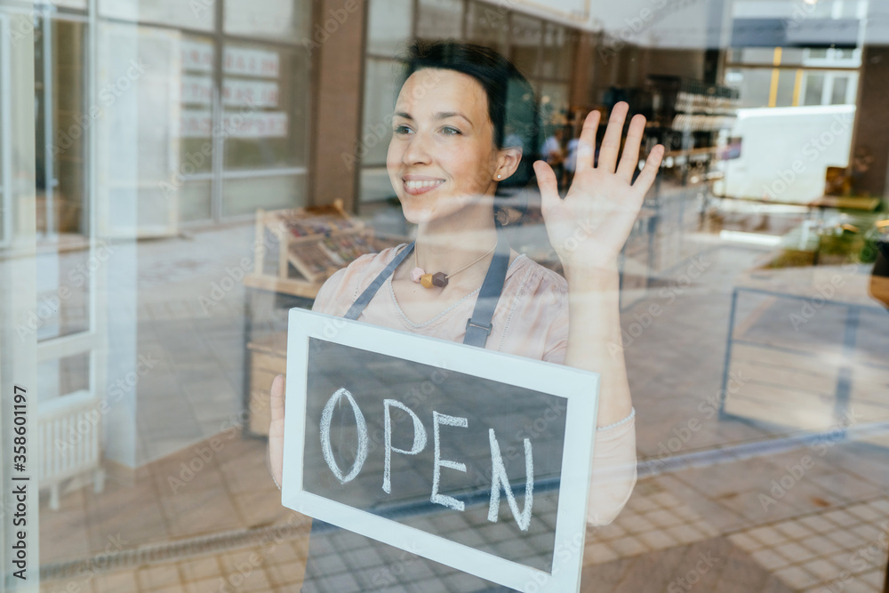 Friendly charming french business woman face against smiling waitress ...