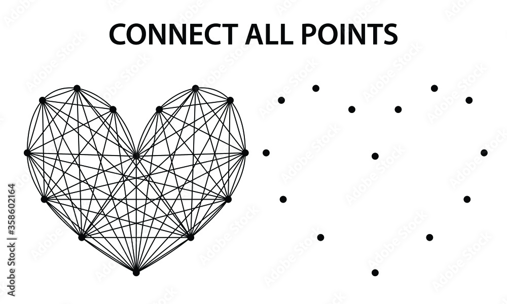 Abstract heart shape with connecting dots and lines, connect the dots ...