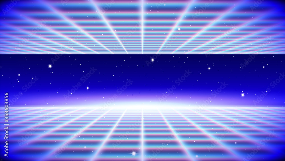 Retro neon background with 80s styled laser grid and stars Stock Vector ...