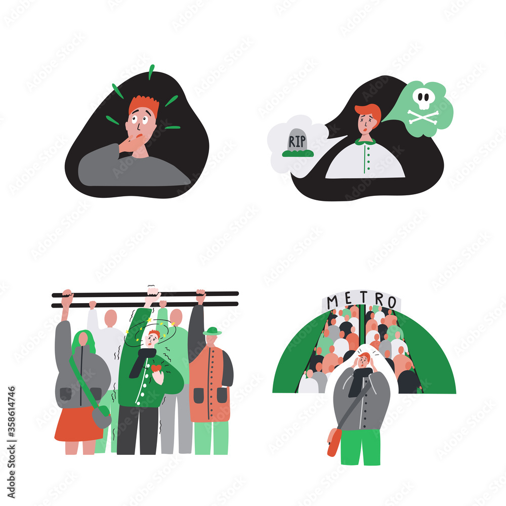Panic attack in public transport. Vector set on a white background ...