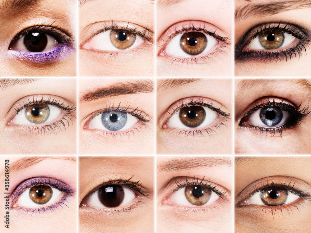 Composite grid of twelve young women, close-ups of one eye Stock Photo ...