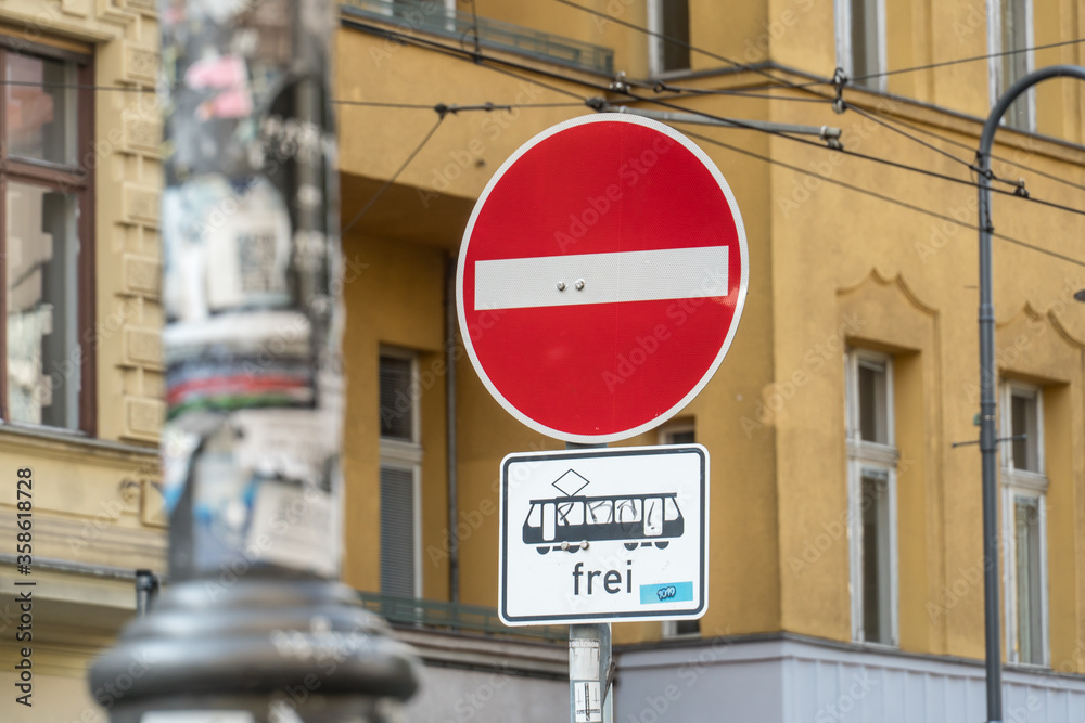 No entry sign at the beginning of a tram lane Stock Photo | Adobe Stock