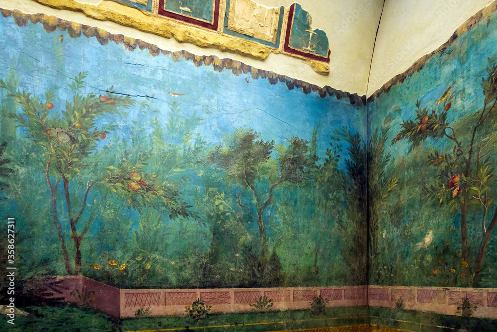 Rome, Italy - January, 8, 2020. Ancient frescos on display of National ...