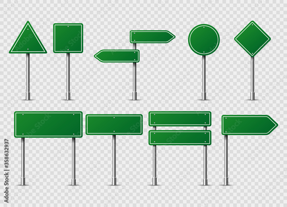 Green vector road traffic signs. Road board text panel, mockup signage ...