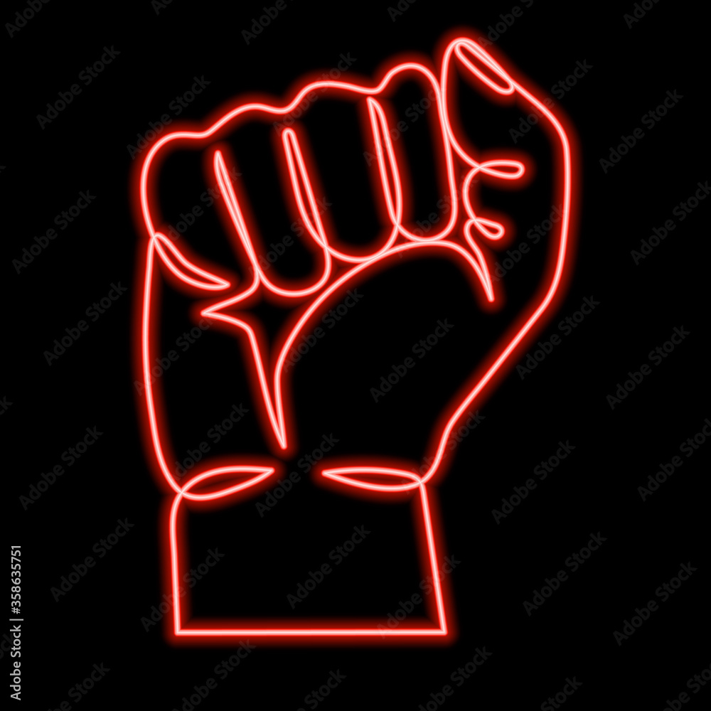 Continuous line drawing of strong fist raised up in red neon color on ...