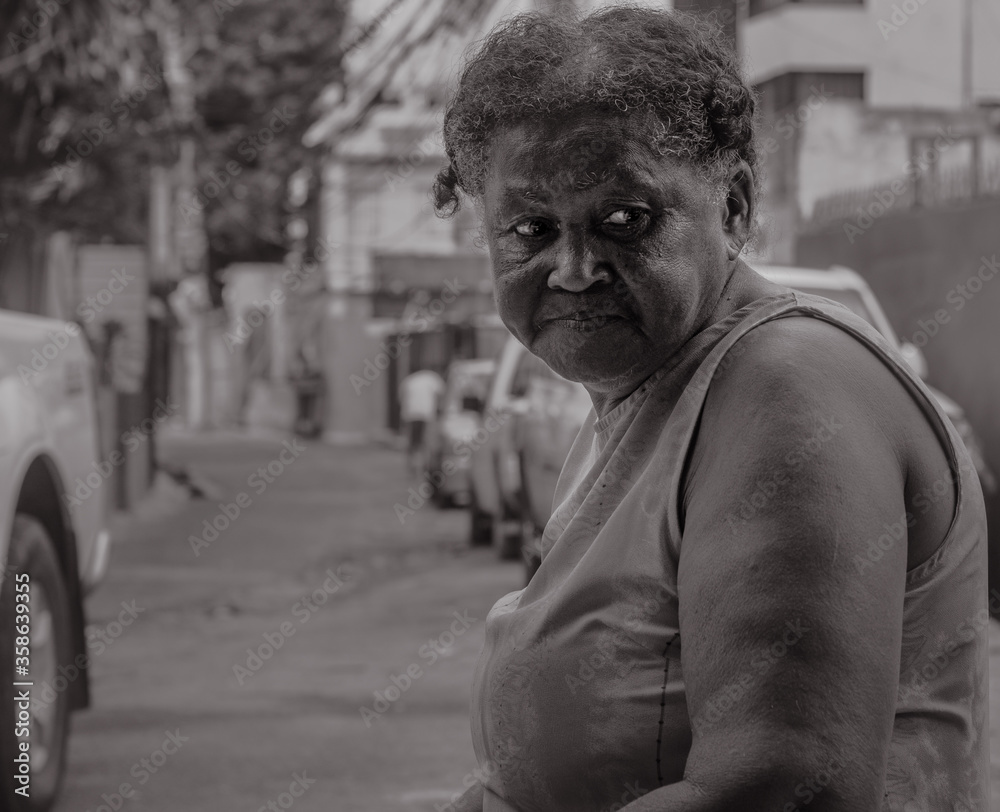 mator lady looking homeless indigenous, smoked with sad face and blue ...