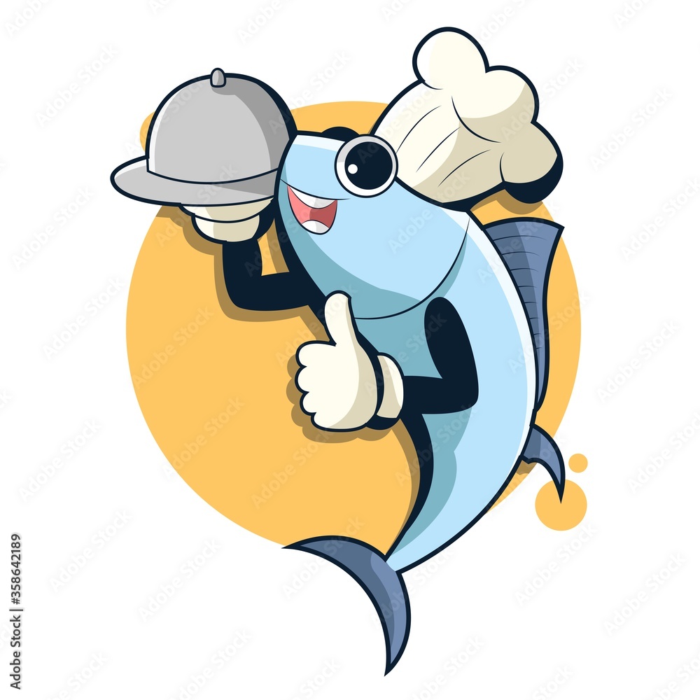 thumb up fish with chef hat vector illustration for mascot and icon ...