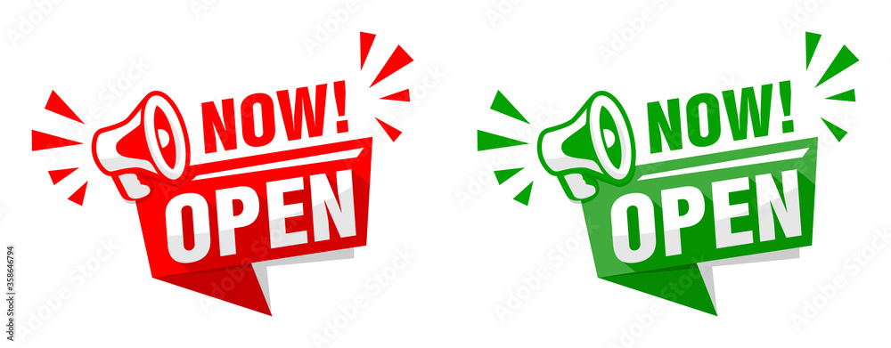 Open now sticker with Megaphone. Web banner on transparent background ...