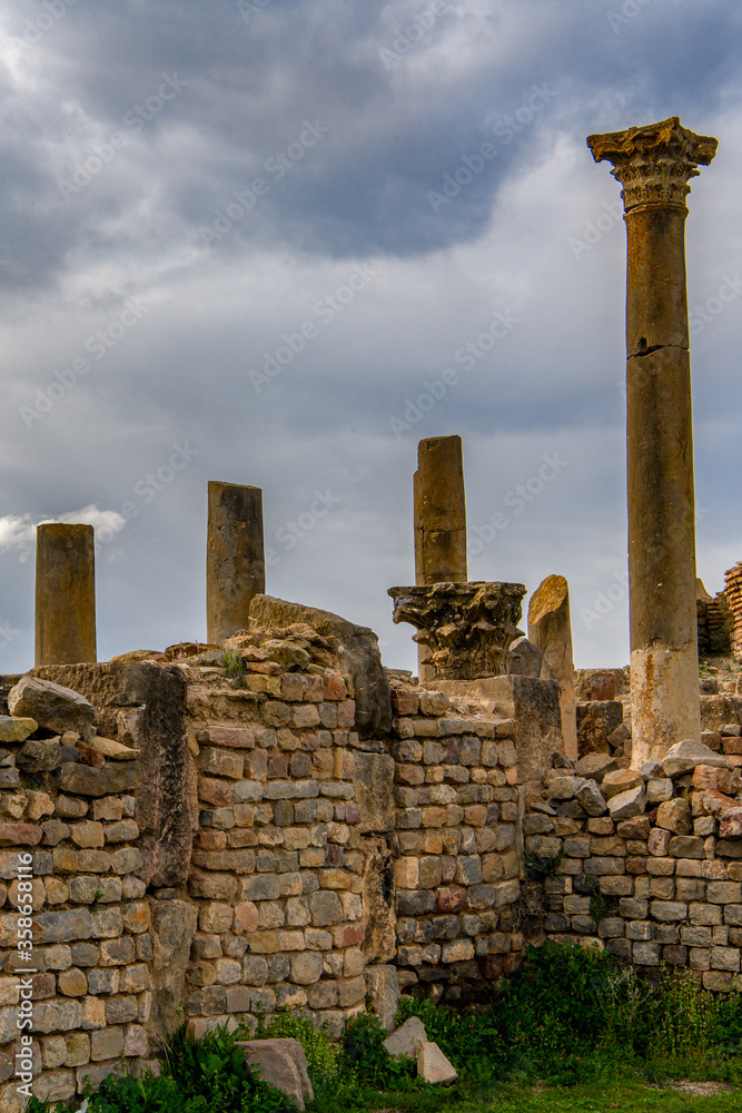 Multiple columns of Djemila, the archaeological zone of the well ...