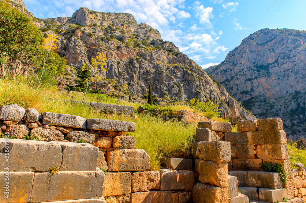 It's Ancient ruins of Delphi, an archaeological site in Greece, at the ...