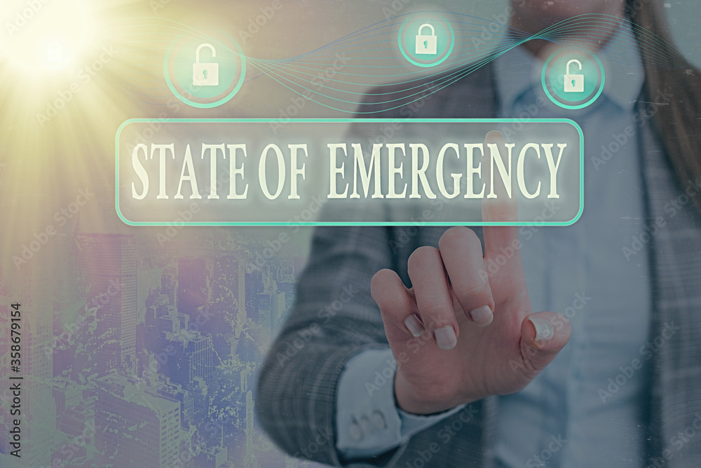 Writing note showing State Of Emergency. Business concept for ...