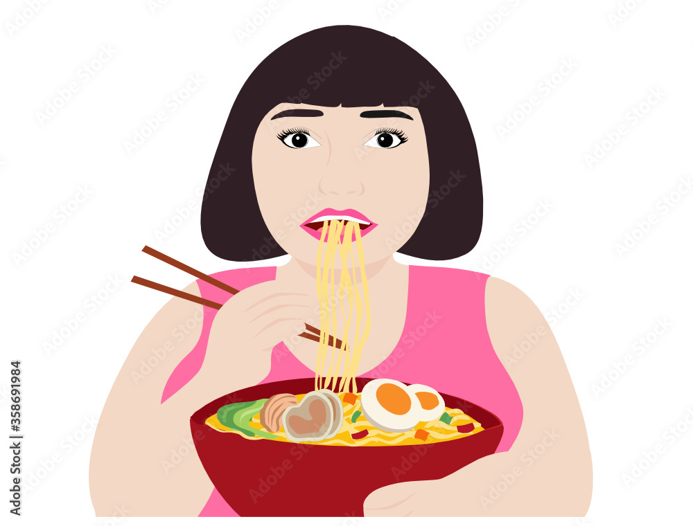 Fat woman eating Japanese ramen noodle with porks, eggs and vegetable ...