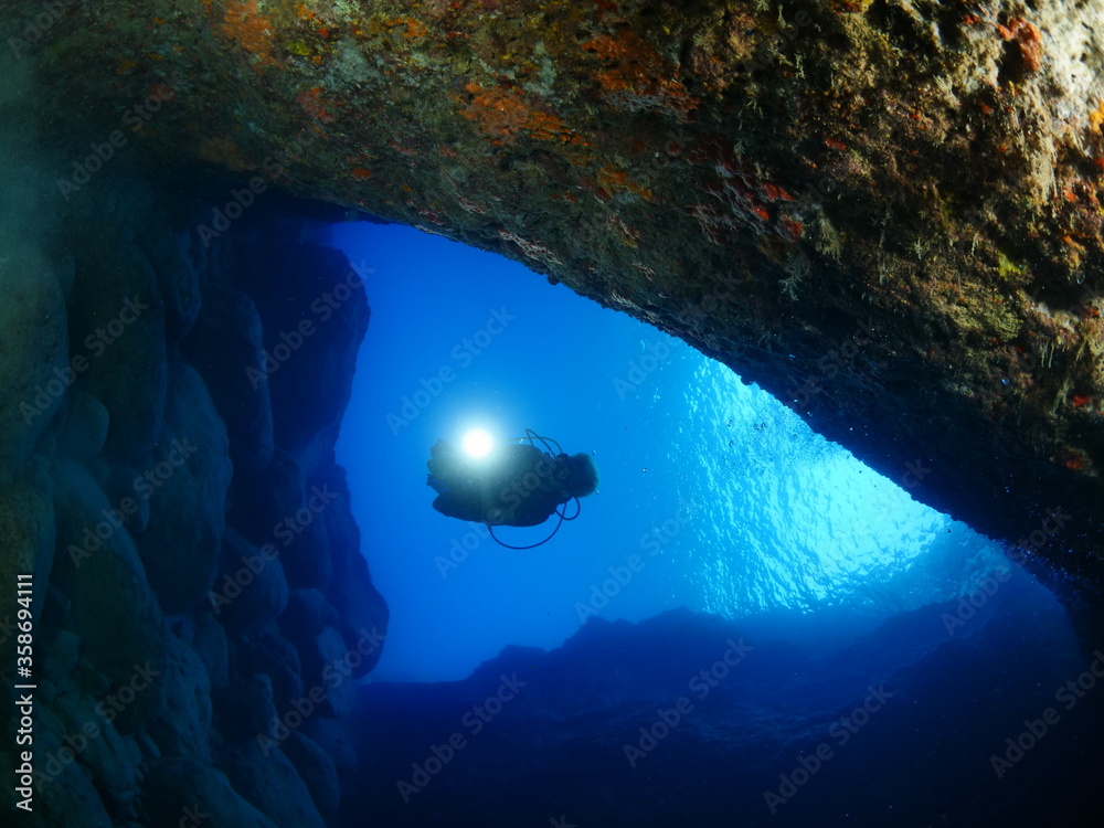 cave diving underwater scuba divers exploring caves ocean scenery sun ...