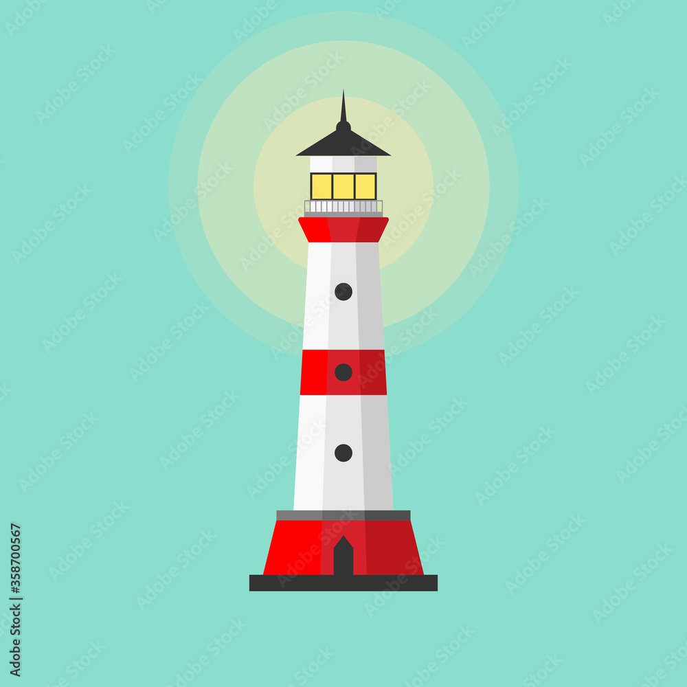 Lighthouse vector flat design. Lighthouses for navigation. beacon icons Searchlight towers for ...