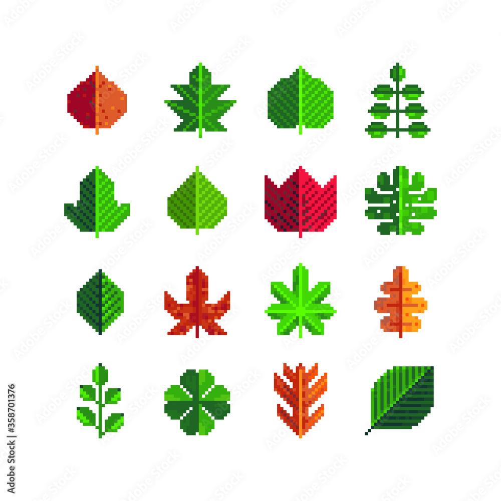 leaves of tree pixel art 8-bit style icons set, different types ...