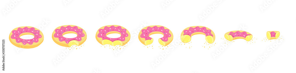 Eating stages a donut. Bit size off a piece. Pink cream. Dessert scale ...