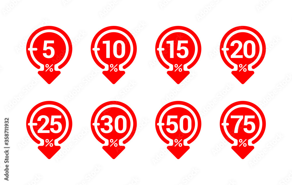 Stickers or tags for sales in pin form with arrow down and different ...