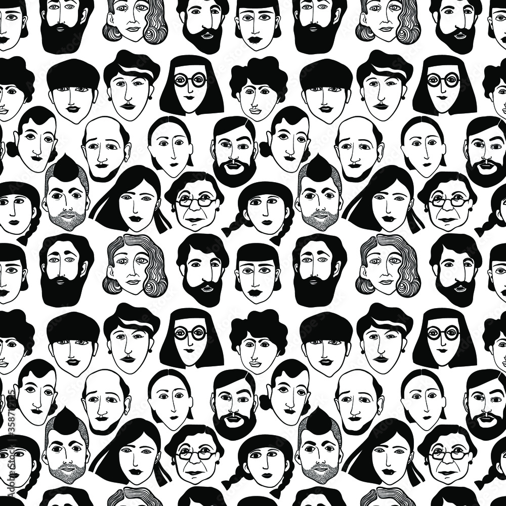 vector portraits, different faces and types of people, men, women, old ...