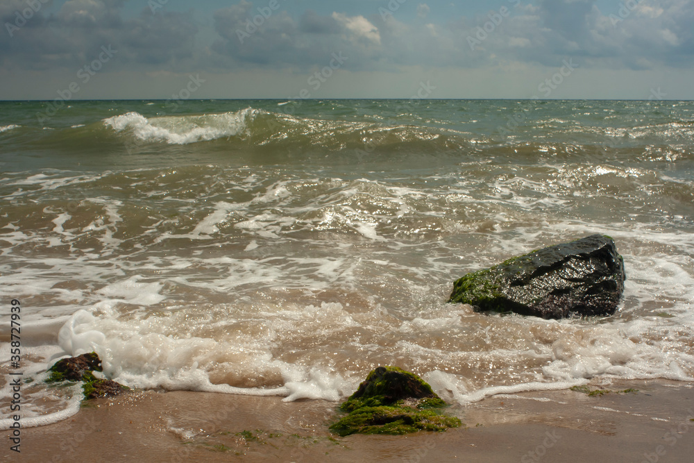A large wave rolls ashore. Stone covered by green moss on a deserted ...