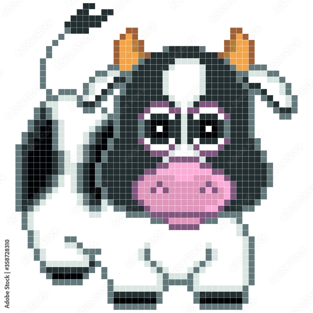 Cartoon cute cow. Pixel art style. The design is suitable for ...