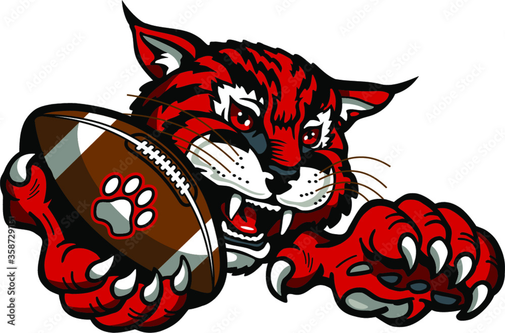 wildcat football mascot holding ball in claw for school, college or ...