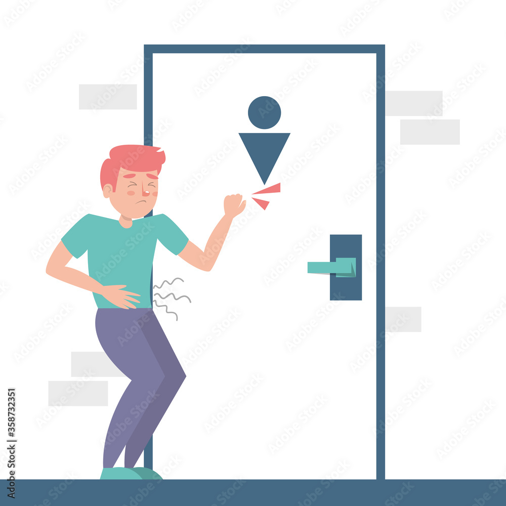 Child with a diarrhea waiting at the toilet door vector isolated. Boy ...