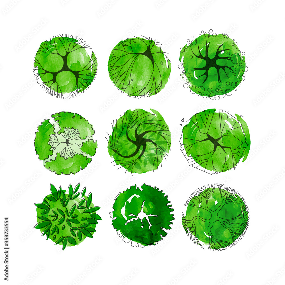 Trees top view for landscape design isolated on white, vector icons set ...
