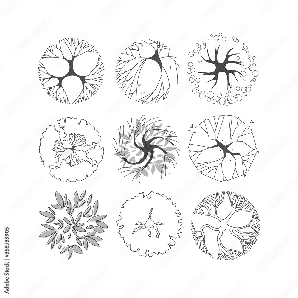 Trees top view for landscape design isolated on white, vector icons set ...