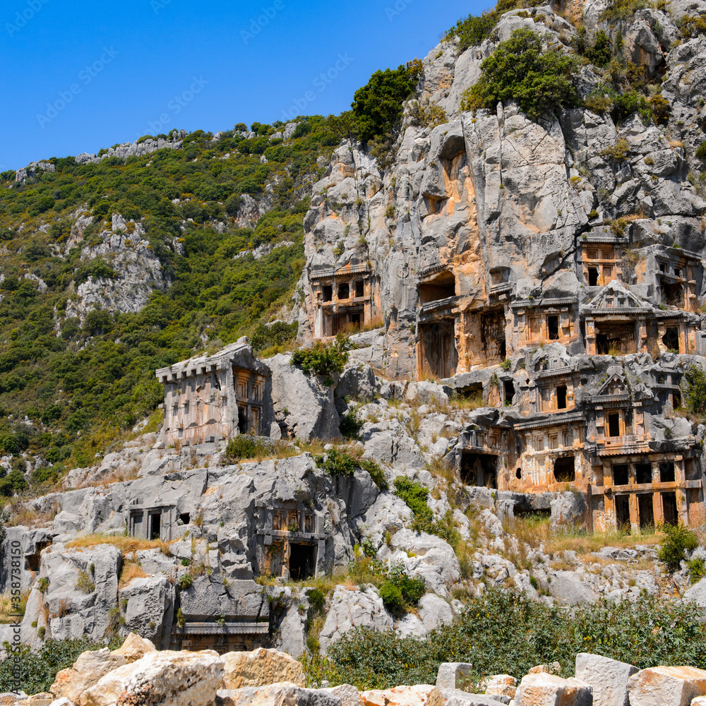 It's Ancient rock cut tombs of the Lycian necropolis, Myra, Turkey ...