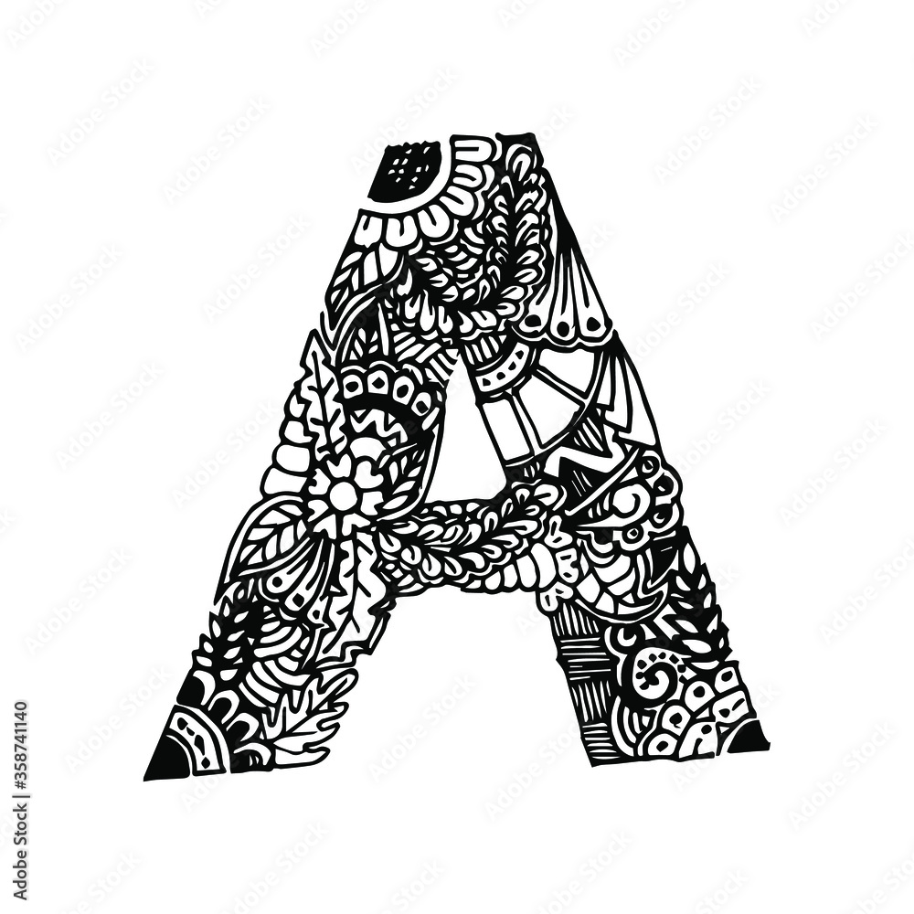 Zentangle stylized alphabet. Letter A in doodle style. Hand drawn ...