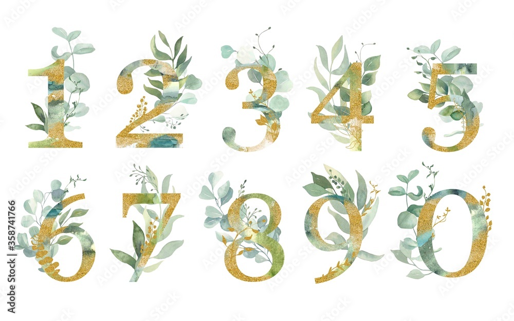 Floral numbers collection with watercolor green and gold leaf ...