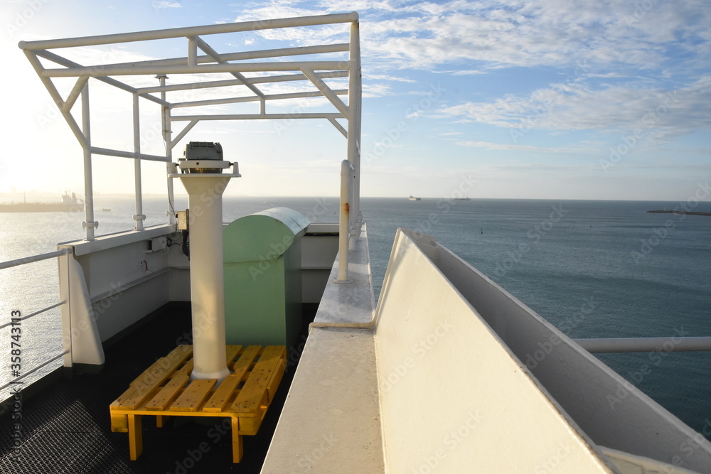 Maneuvering bridge of the merchant vessel with gyro compass repeater ...