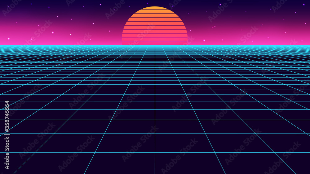 Vector perspective grid in retro style. Detailed lines on dark ...