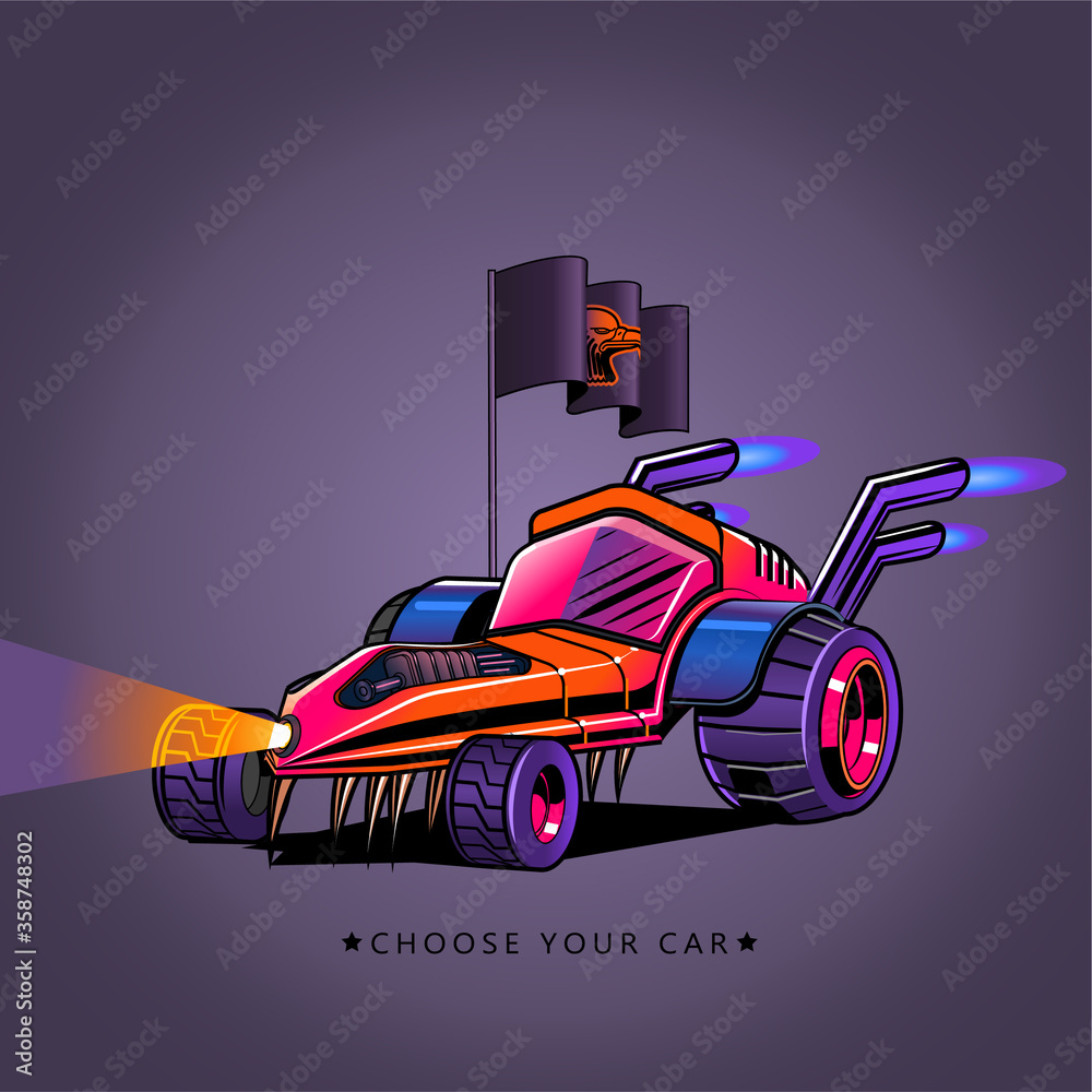 Race and destroy car, comic book style vector illustration. Devil Car ...