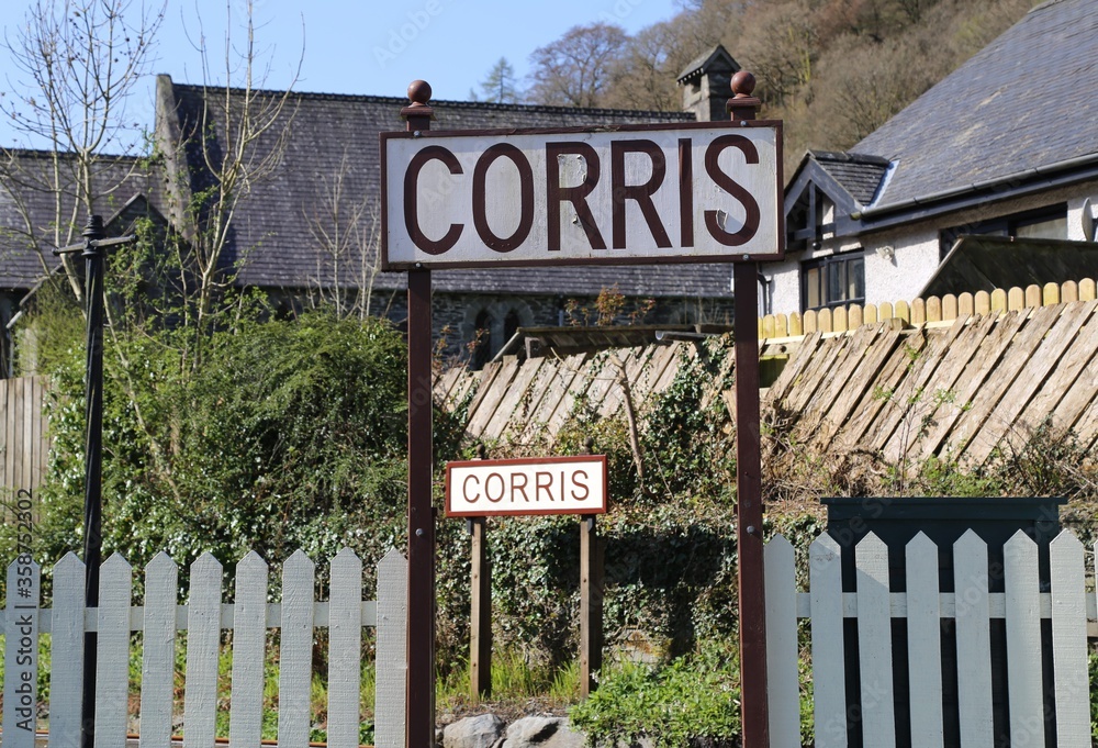 Village signs at the small, steam train station in mid-Wales. Stock ...