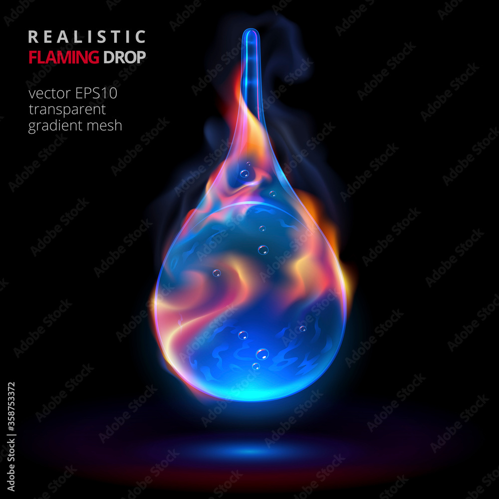 Firing drop on a black background. Vector 3d realistic droplet of blue ...