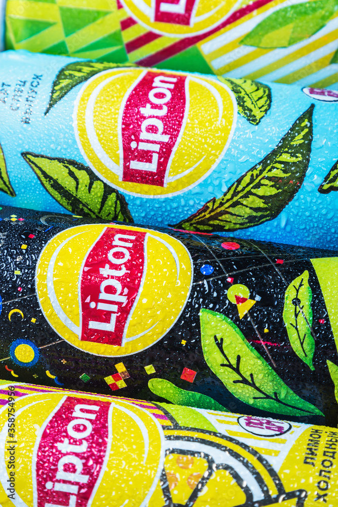 Moscow, Russia-June 16, 2020: different types of cold Lipton tea in a ...